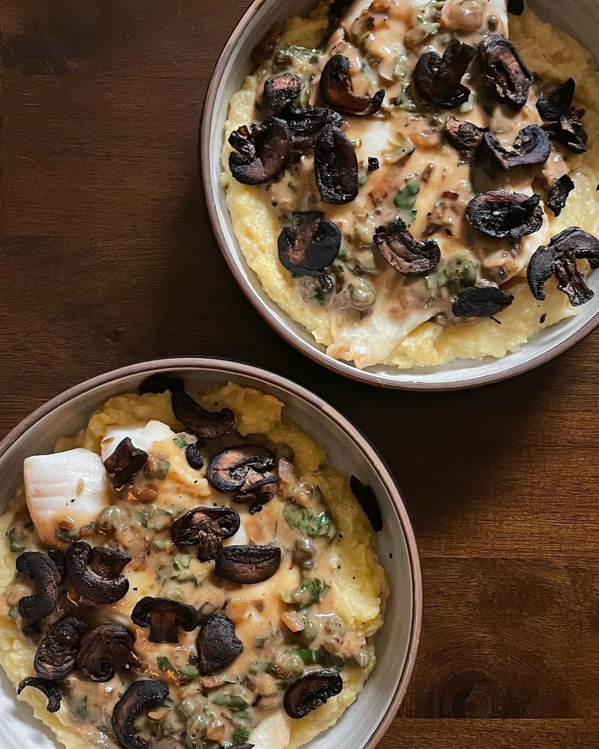 Wine Poached Fish with Polenta & Mushrooms - Food & Ryne