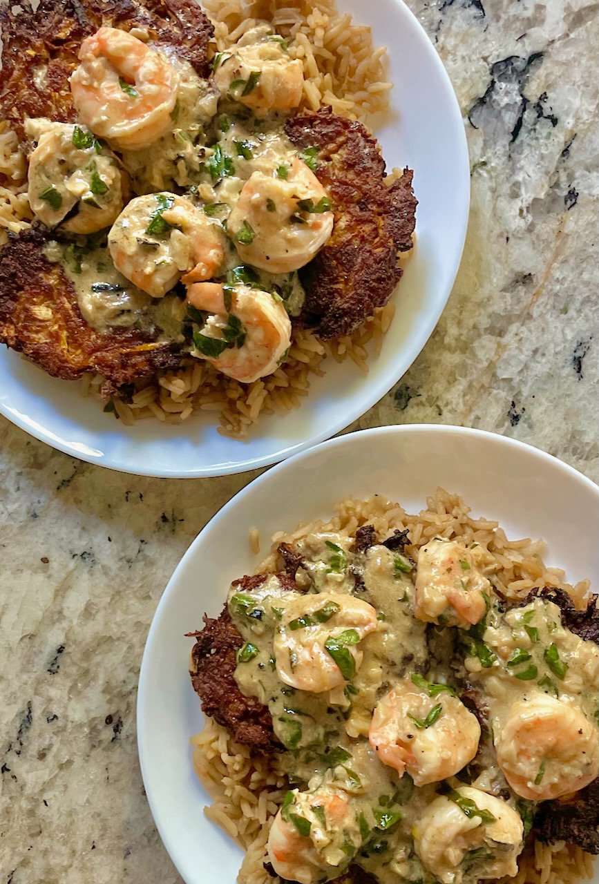 Lemon Basil Shrimp with Summer Squash Fritters - Food & Ryne